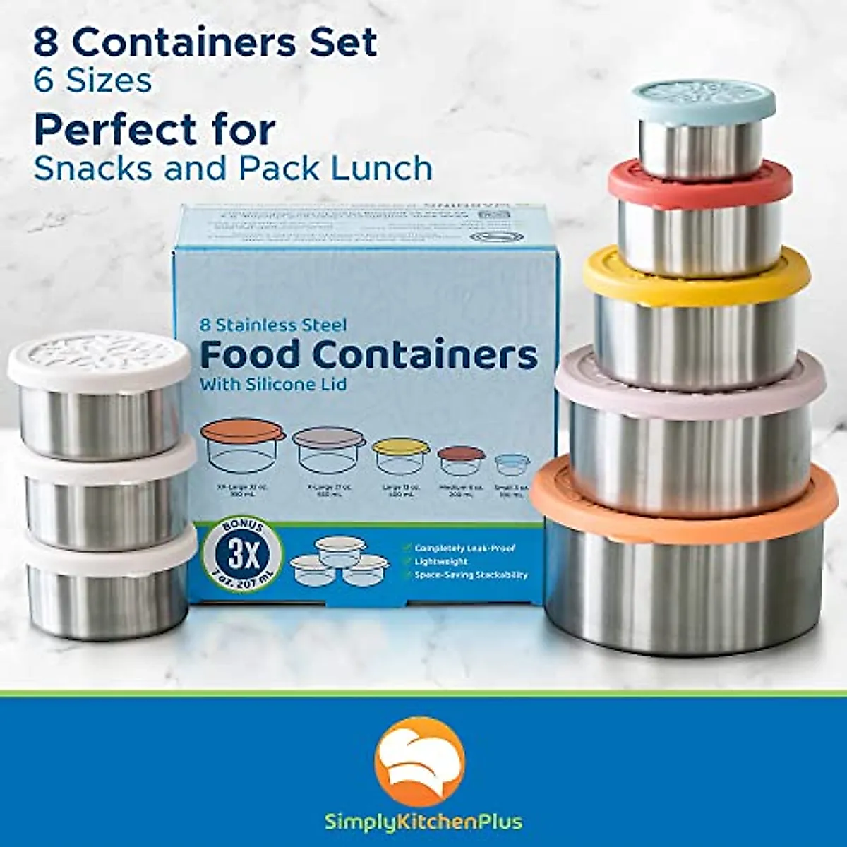 Deluxe 8-Pack Stainless Steel Food Containers - Complete Meal Prep Container Set with Leakproof Silicone Lids - Reusable and Stackable Stainless Steel Lunch Box for Adult Bento Box Set