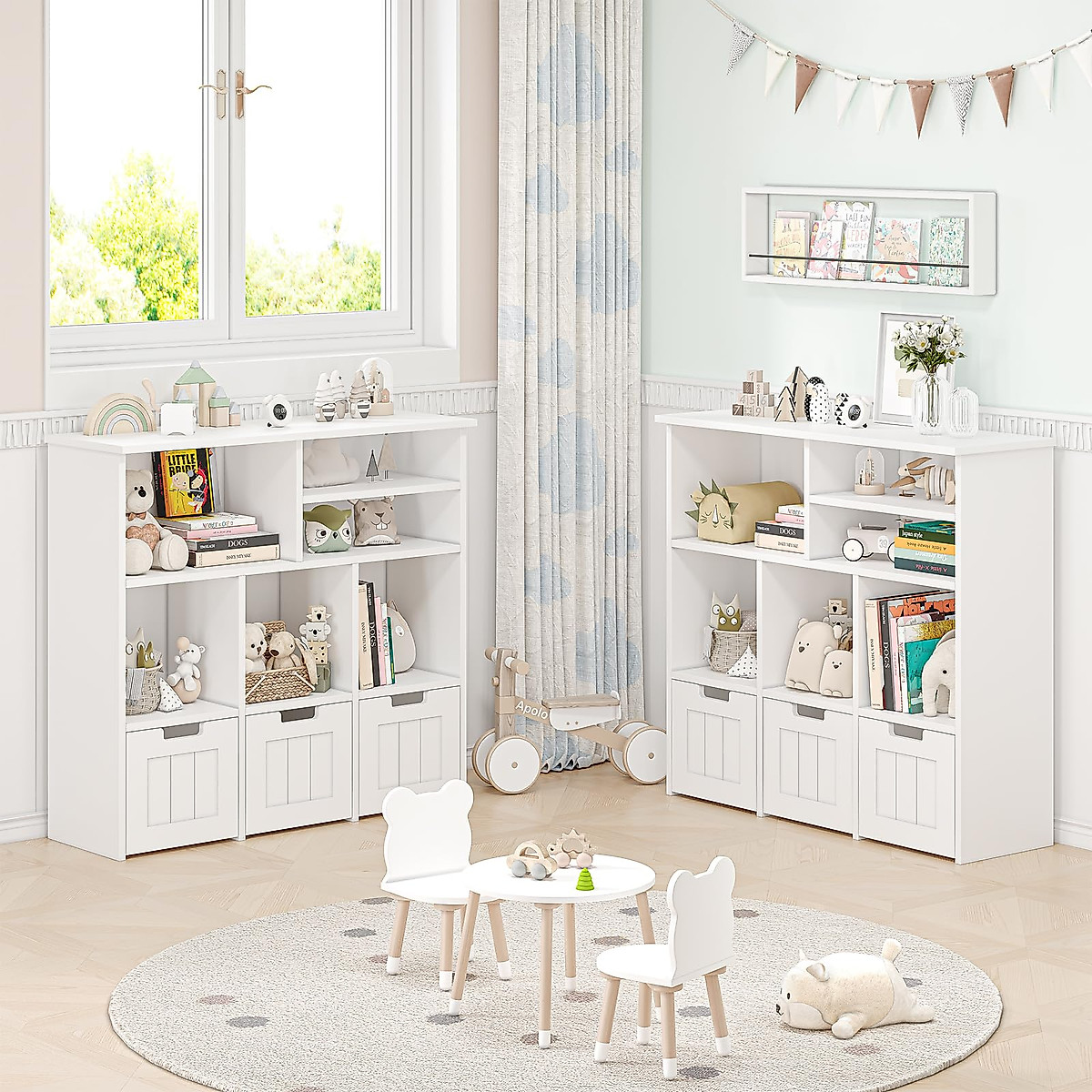 Toy Storage Cabinet with 3 Movable Drawers & 6 Cubes, Children's Toy Shelf Kids Bookshelf with Hidden Wheels, Kids Bookcase Toy Storage Organizer for Bedroom & Playroom & Nursery