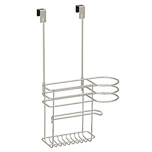 mDesign Metal Bathroom 2 Section Storage Tool Organizer Basket Tray - Hang Over Cabinet Door - Storage for Hair Dryer, Straightener, Curling Iron, Styling Products - Concerto Collection - Satin