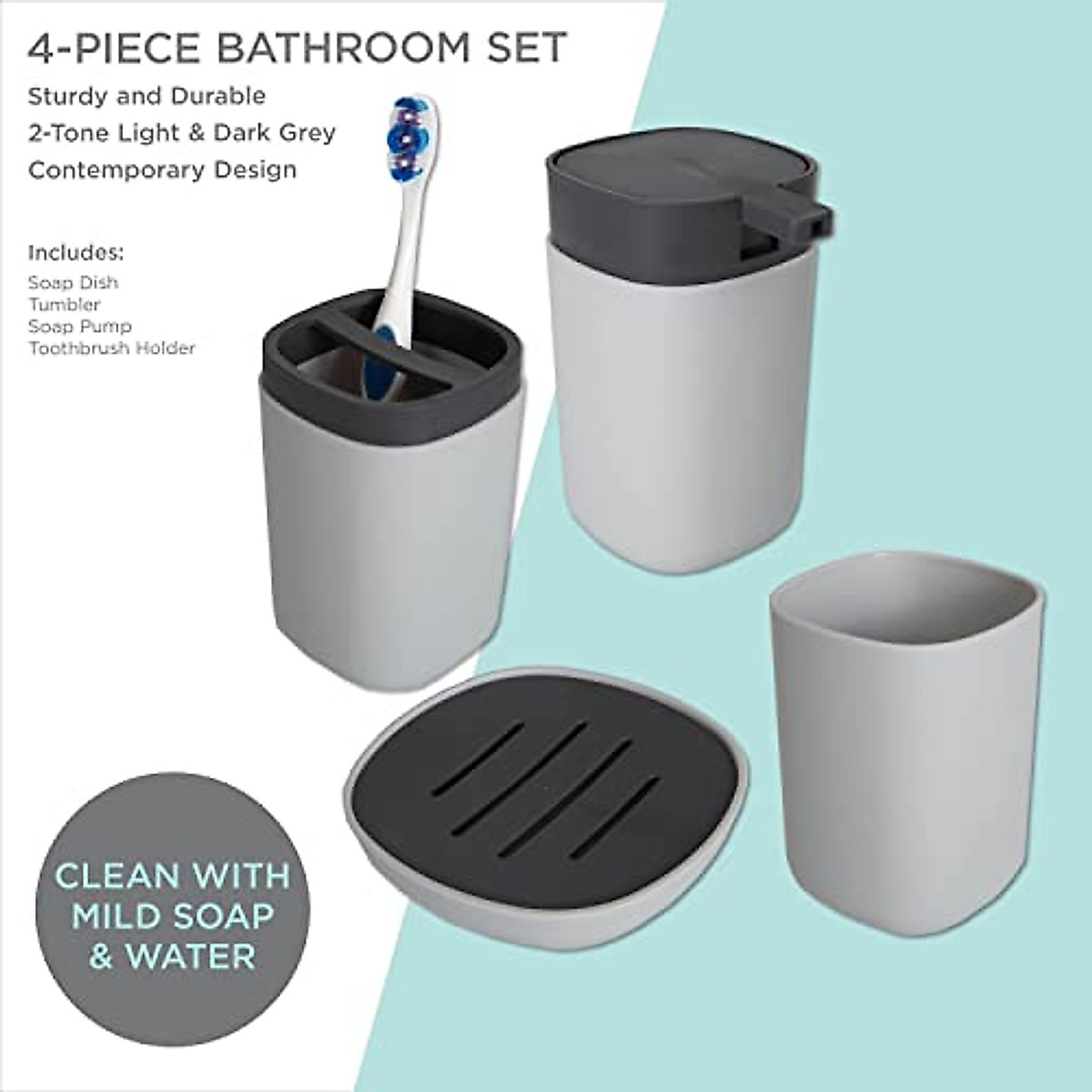 Bath Bliss Contemporary 4 Piece Set | Tumbler | Toothbrush Holder | Soap Dish | Soap Pump | Two Tone | Contemporary Design | Bathroom Accessories | Rust Proof | Grey