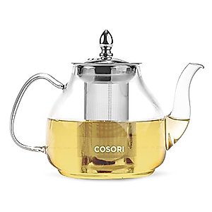 COSORI Glass Teapot Stovetop Safe Gooseneck Kettle with Removable Stainless Steel Infuser Scale Line for Blooming and Loose Leaf Tea Brewer, BPA Free Durable Borosilicate, 1000mL, Transparent