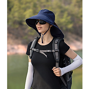Women Sun Hats UV Protection Wide Brim Foldable Ponytail Hole Beach Hats with Neck Cover for Gardening (Navy)