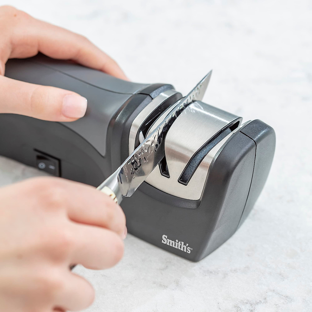 Smith’s 50029 Compact Electric Knife Sharpener , Stainless , Kitchen Knife 2 Stage Sharpener , Electric & Manual , Blade Guide , Quick Sharpening & Polishing , Straight Edge Blades , Handheld 120 V