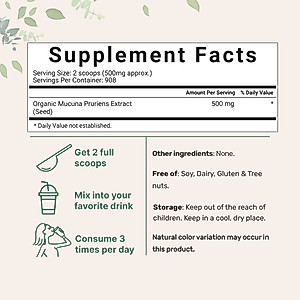 Micro Ingredients Organic Mucuna Pruriens Extract Powder,1 Pound (908 Servings), Pure Mucuna Supplement, Promote Mood, Brain Health and Boosts Immune System, Energy, Vegan Friendly