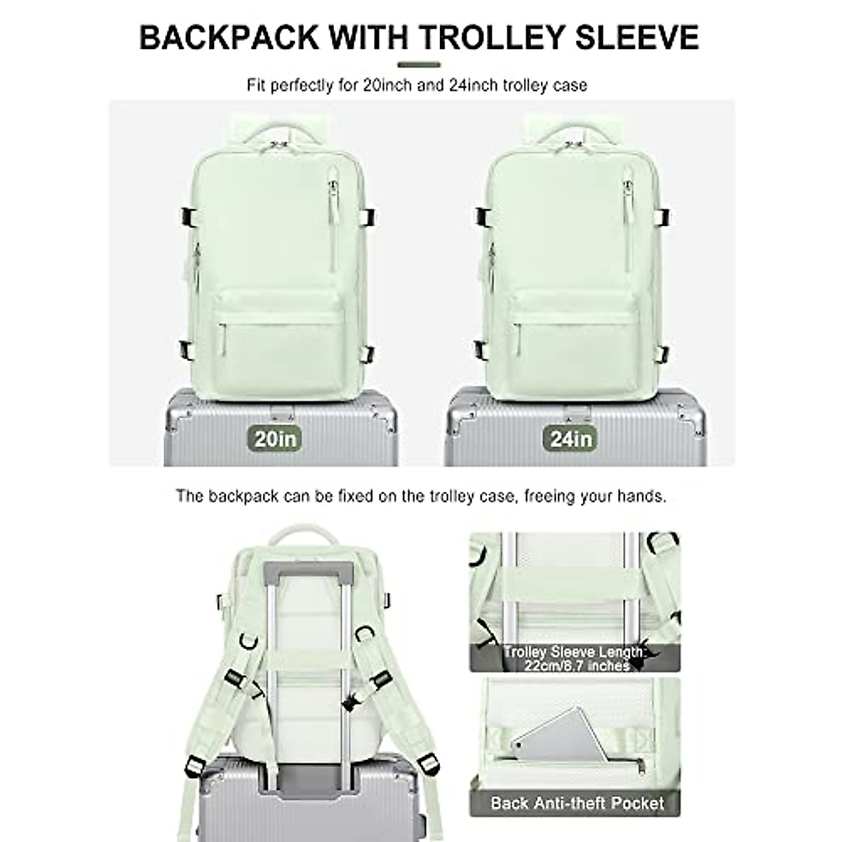 VGCUB Large Travel Backpack,Carry on Backpack for Women Men Airline Approved Gym Backpack Waterproof Business Laptop Daypack,Green With Toiletry Bag
