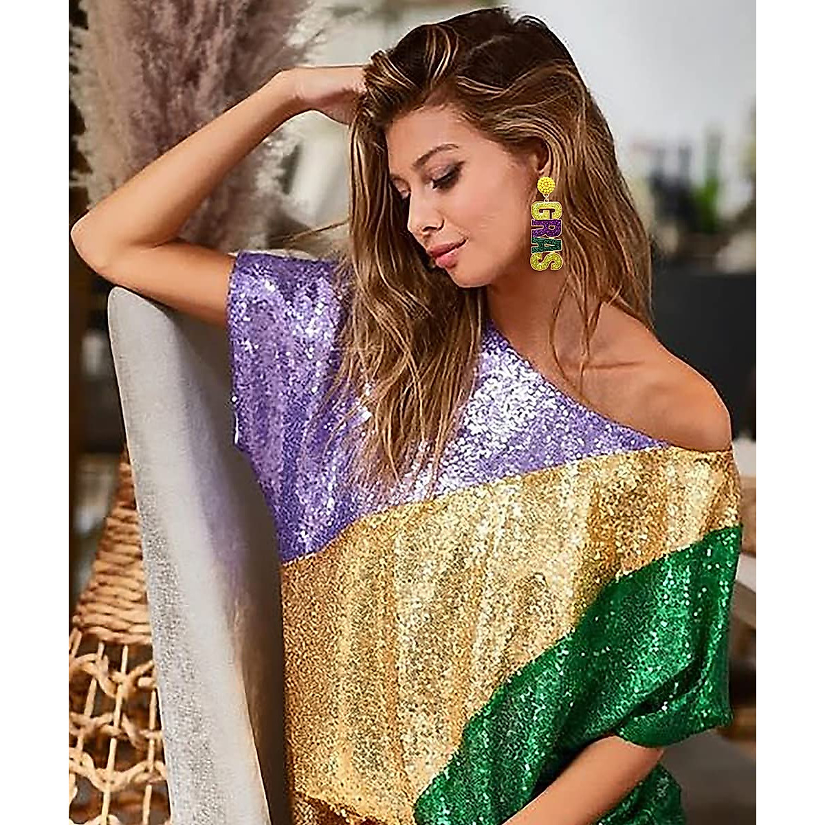 XOCARTIGE Mardi Gras Earrings Beaded Mask Letter MARDI GRAS Dangle Earrings for Women Crown Carnival Drop Earrings Holiday Jewelry Gifts (Letter)