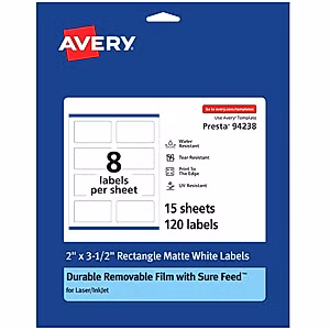 Avery Durable Removable Rectangle Labels with Sure Feed Technology, 2" x 3.5", Matte White Film, Water-Resistant, Print-to-The-Edge, Laser/Pigment-Based Inkjet Printable, 120 Removable Labels Total