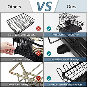 Royacon Dish Drying Rack for Kitchen Counter, 3 Tier Dish Rack with Drainboard Set, Stainless Steel Dish Drainers with Utensil Holder, Extra Large Dish Strainer for Kitchen