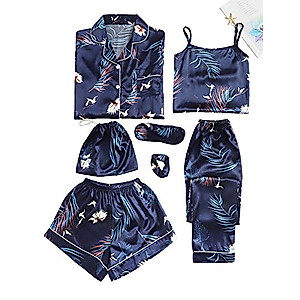 SheIn Women's 7pcs Pajama Set Cami Pjs with Shirt and Eye Mask Royal Blue Medium