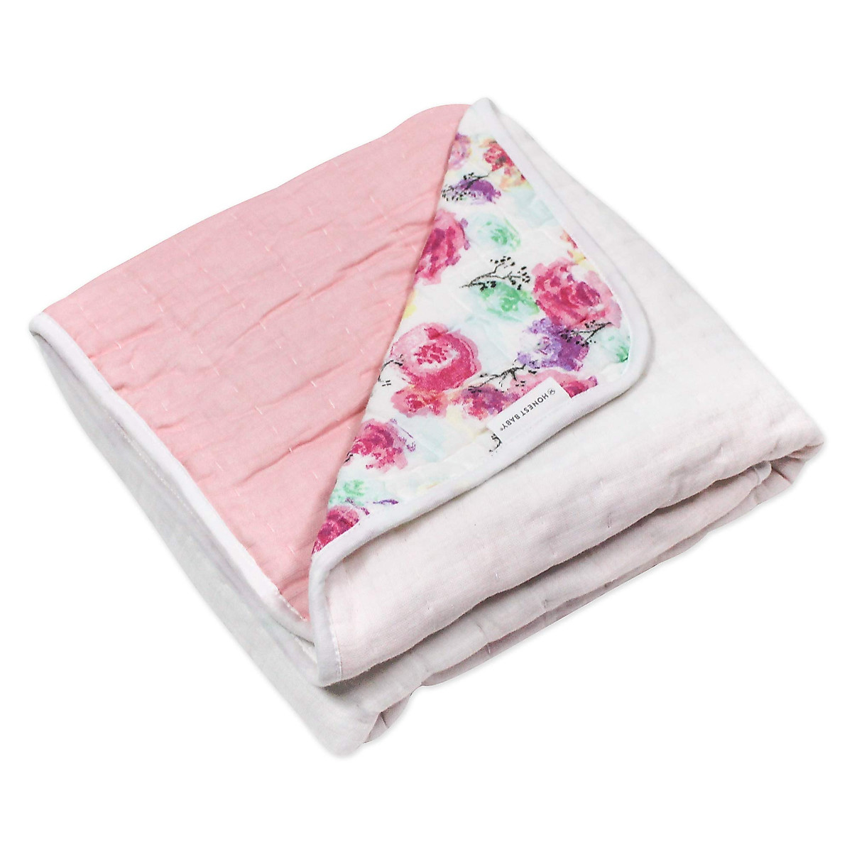 HonestBaby Quilted Baby Blankets Reversible Organic Cotton for Infant Boys, Girls, Unisex, Rose Blossom/Dip Dye, One Size