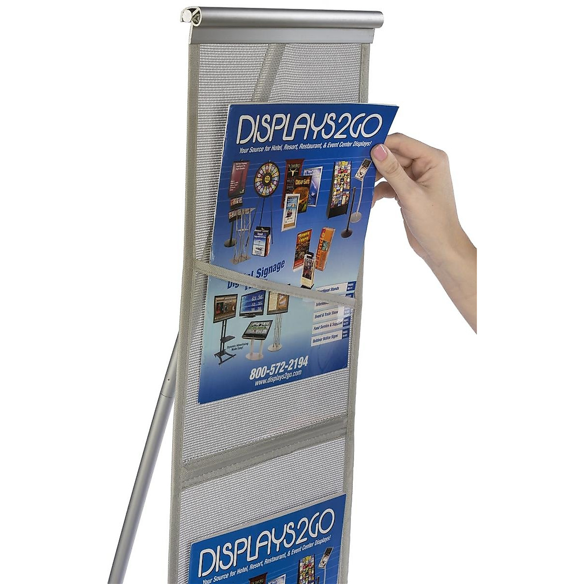 Displays2go Trade Show Magazine Literature Rack, Portable, Floor Standing, Carry Bag (4 Pocket)