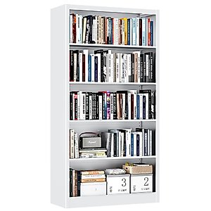 YILFANA Bookshelf,White Metal Bookshelves,33" Wide Open Bookcase with Adjustable Storage Shelves,66" Tall Book Shelf for Bedroom Living Room Home Office,5 Tier Bookcases