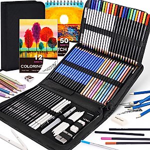 COOL BANK 82 Pack Drawing Set Sketching Kit, Pro Art Supplies with 3-Color Sketchbook, Coloring Book, Colored, Graphite, Charcoal, Watercolor, Metallic Pencil, for Artists Adults Teens Beginners
