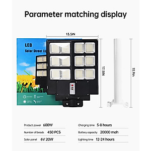 600W Solar Street Lights Outdoor ,20000mah high-capacity battery, 60000LM High Brightness LED Lamp, with Motion Sensor and Remote Control, for Parking Lot, Yard, Garden, Patio, Stadium, Piazza