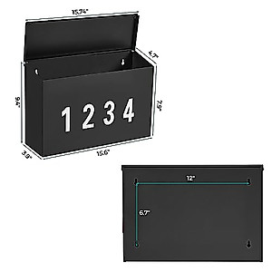 Nunsino Wall-Mounted Mailbox with Flag Kit and 3 Sets of Number Stickers, Metal Post Box, Rust-Resistant for Outside Use,15.24” L x 4.72”W x 10.43”H, Black
