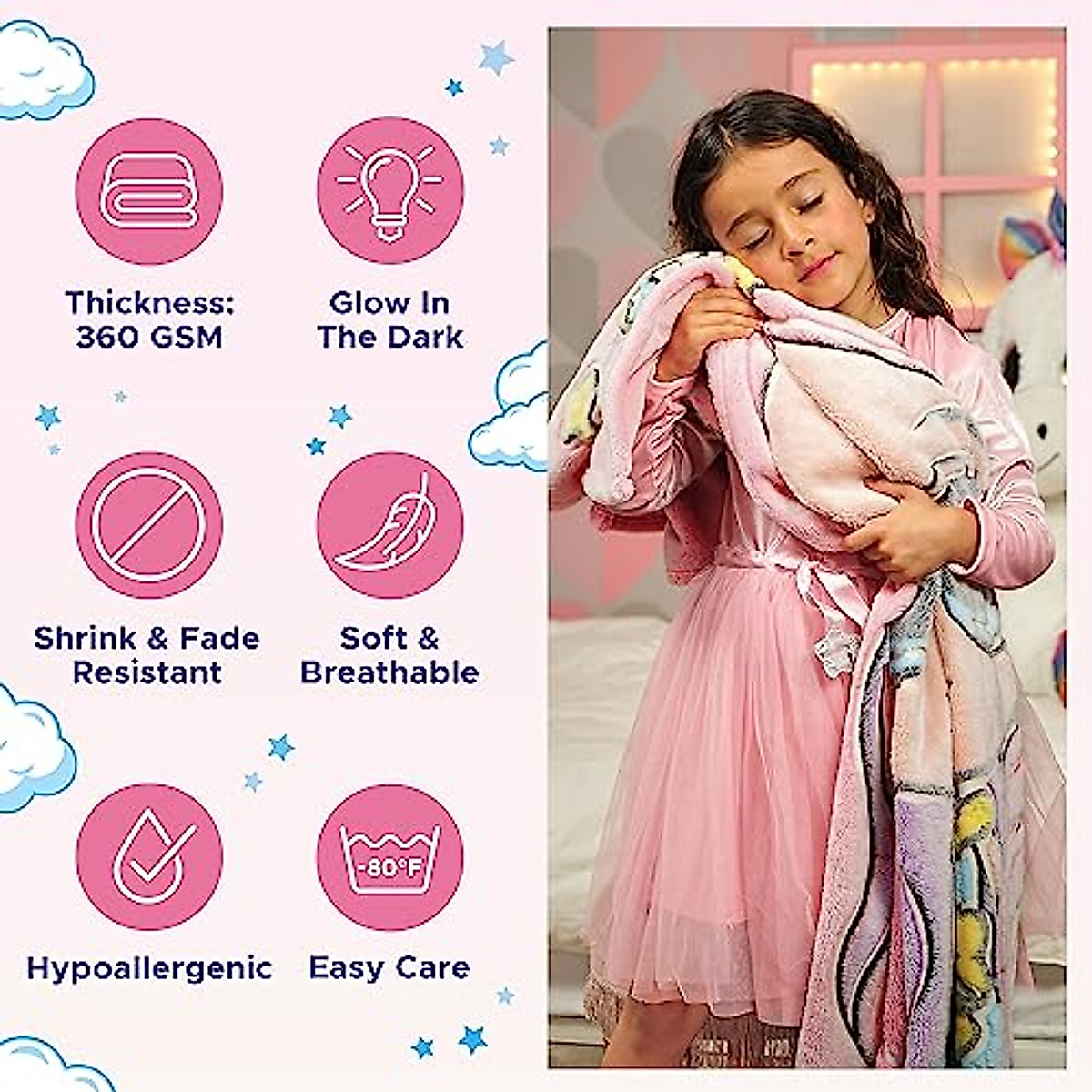 GLOWING SNUGGLES Princess Unicorn Glow in The Dark Blanket for Girls - Unicorn Princess Birthday Halloween Thanksgiving for Girls; Unicorn Princess Toys; Cute Soft Room Decor