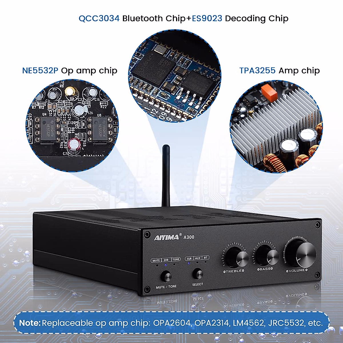 AIYIMA A300 NE5532*4+QCC3034+TPA3255 Bluetooth5.0 300w*2 Power Amplifier Support aptx-hd 2.0/2.1 Channel Amp with Active Subwoofer Output for Passive Speaker Home Audio