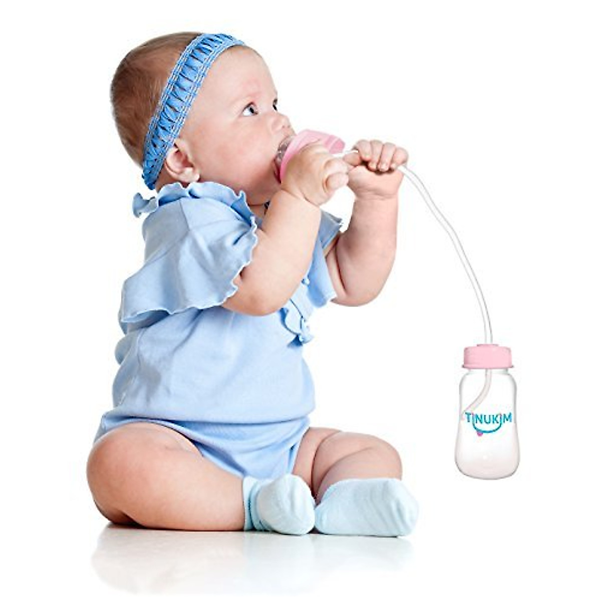 Tinukim iFeed 4 Ounce Self Feeding Baby Bottle with Tube - Handless Anti-Colic Nursing System, Pink - 2-Pack