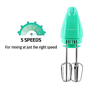 Ovente Portable Electric Hand Mixer 5 Speed Mixing, 150W Powerful Blender for Baking & Cooking with 2 Stainless Steel Chrome Beater Attachments & Snap Clear Case Compact Easy Storage, Turquoise HM161T