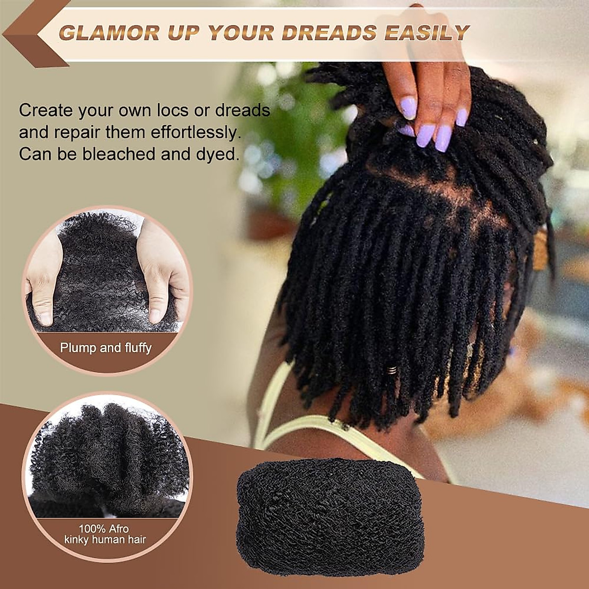 Premium Afro Kinky Bulk Human Hair 100%, Afro Kinkys Human Hair Bulk For Dreadlock Extensions, Repair Locs, Create dreadlocks. Can Dye and Bleach, 8 Inch 30g/pack