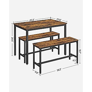 VASAGLE Dining Table Set, Bar Table with 2 Dining Benches, Kitchen Table Counter with Chairs, Industrial for Kitchen Breakfast Table, Living Room, Party Room, Rustic Brown and Black UKDT070B01
