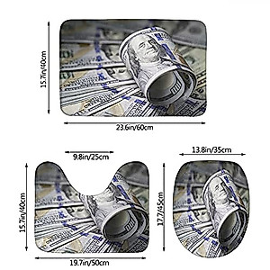 Wondertify Roll Hundred Dollar Bill Bathroom Antiskid Pad Dollar Bills 3 Pieces Bathroom Rugs Set, Bath Mat+Contour+Toilet Lid Cover