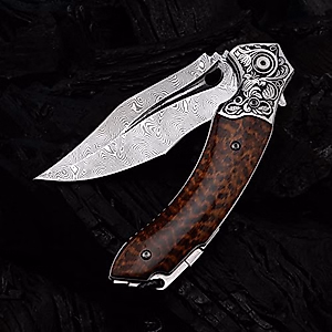 SPIRIT DEED Japanese VG 10 Damascus Steel Folding Knife, Outdoor Wilderness Survival Pocket Knife, Snake Wood Handle Lined Lock, Leather Sheath, EDC Pocket Knife