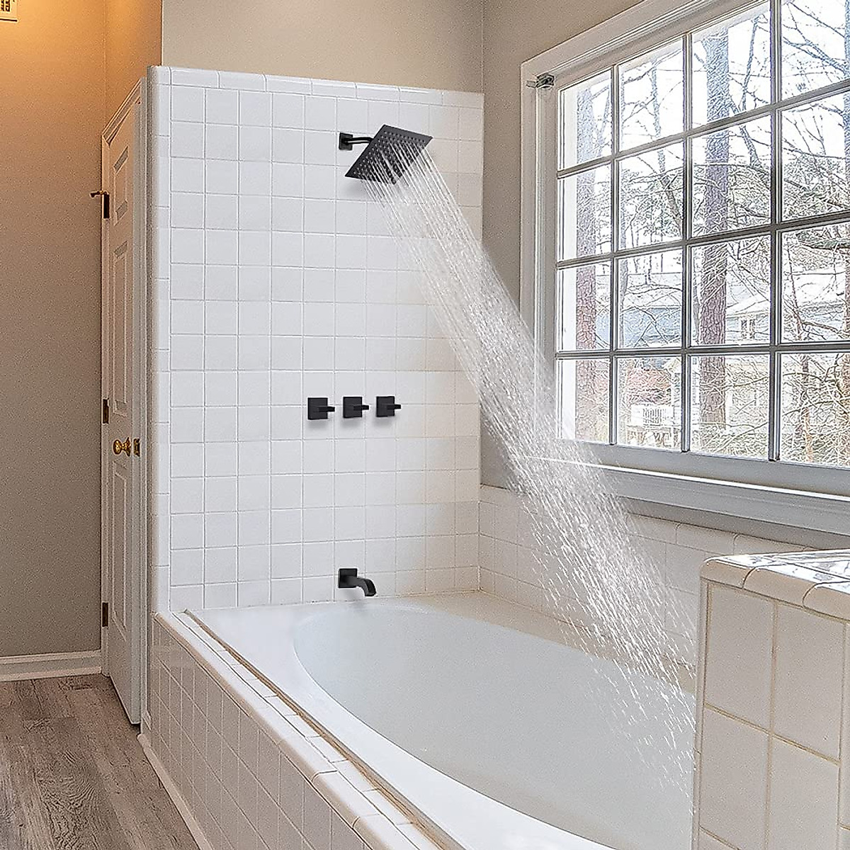 Matte Black 3-Handle Tub and Shower Faucet Set, Bathroom Bathtub Rainfall Shower Head with Waterfall Tub Spout,Tub and Shower Trim Kit with Valve