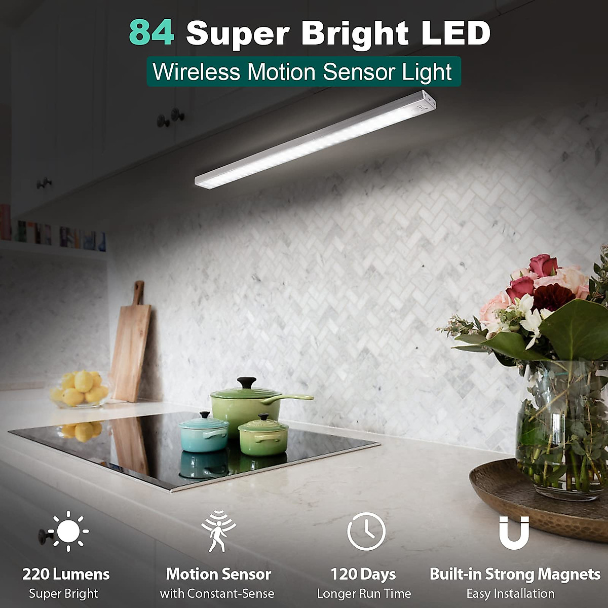 BLS 84 LED Closet Lights Battery Powered LED Lights, Super Bright Under Cabinet Lighting, Motion Sensor Light Indoor, Wireless Lights, 3200mah Rechargeable Battery Operated Lights, 120 Days Run Time