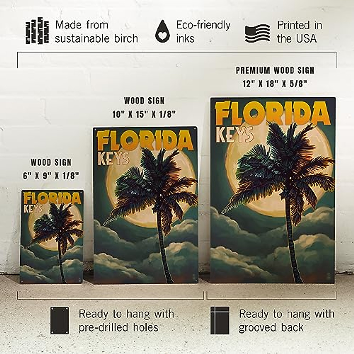 Lantern Press 6x9 Inch Wood Sign, Ready to Hang Wall Decor, Florida Keys, Palms and Moon