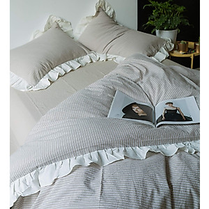 SUSYBAO Beige Ruffle Duvet Cover King 100% Washed Cotton Farmhouse Duvet Cover 3 Pieces Set 1 Striped Lace Duvet Cover with Zipper Ties 2 Pillow Shams Soft Vintage Romantic Ruffle Bedding Set