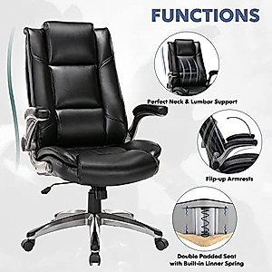 High Back Executive Office Chair-Ergonomic Bonded Leather Computer Chair with Flip-up Arms, Adjustable Tilt Tension, Padded Armrests, Swivel Rolling Home Desk Chair-Black,300lbs