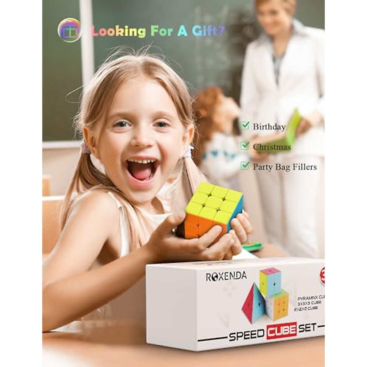 ROXENDA Speed Cube Set, Magic Cube Set of 2x2x2 3x3x3 Pyramid Cube Smooth Puzzle Cube (Stickerless)