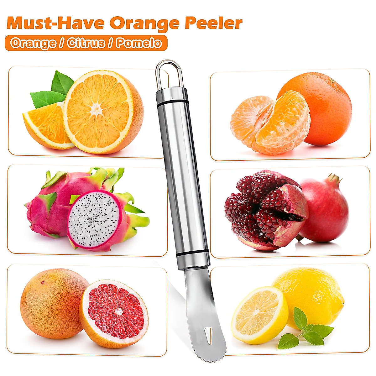 Stainless Steel Orange Peeler | Easy to Peel | Long Handle Orange Citrus Peeler Tool | Triangular-Blade & Zigzag-Shovel Orange Peeler Gadget