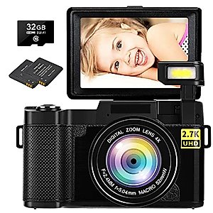 CEDITA 2.7K Digital Camera Vlogging Camera 30MP Full HD Digital Camera with Retractable Flash Light Camera 3 Inch Flip Screen Vlogging Camera for YouTube with Two Batteries, Black