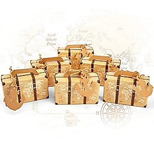 VGOODALL Mini Suitcase Favor Box, 50PCS World Map Party Favor Candy Boxes, Vintage Kraft Paper with Tags and Burlap Twine for Wedding Travel Themed Party Bridal Shower Decoration