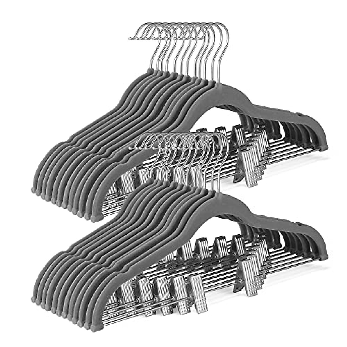 HOUSE DAY Velvet Skirt Hangers 24 Packs Velvet Hangers with Clips Ultra Thin Non Slip Velvet Pants Hangers Space Saving Clothes Hangers for Skirts, Pant, Jeans (Light Grey)