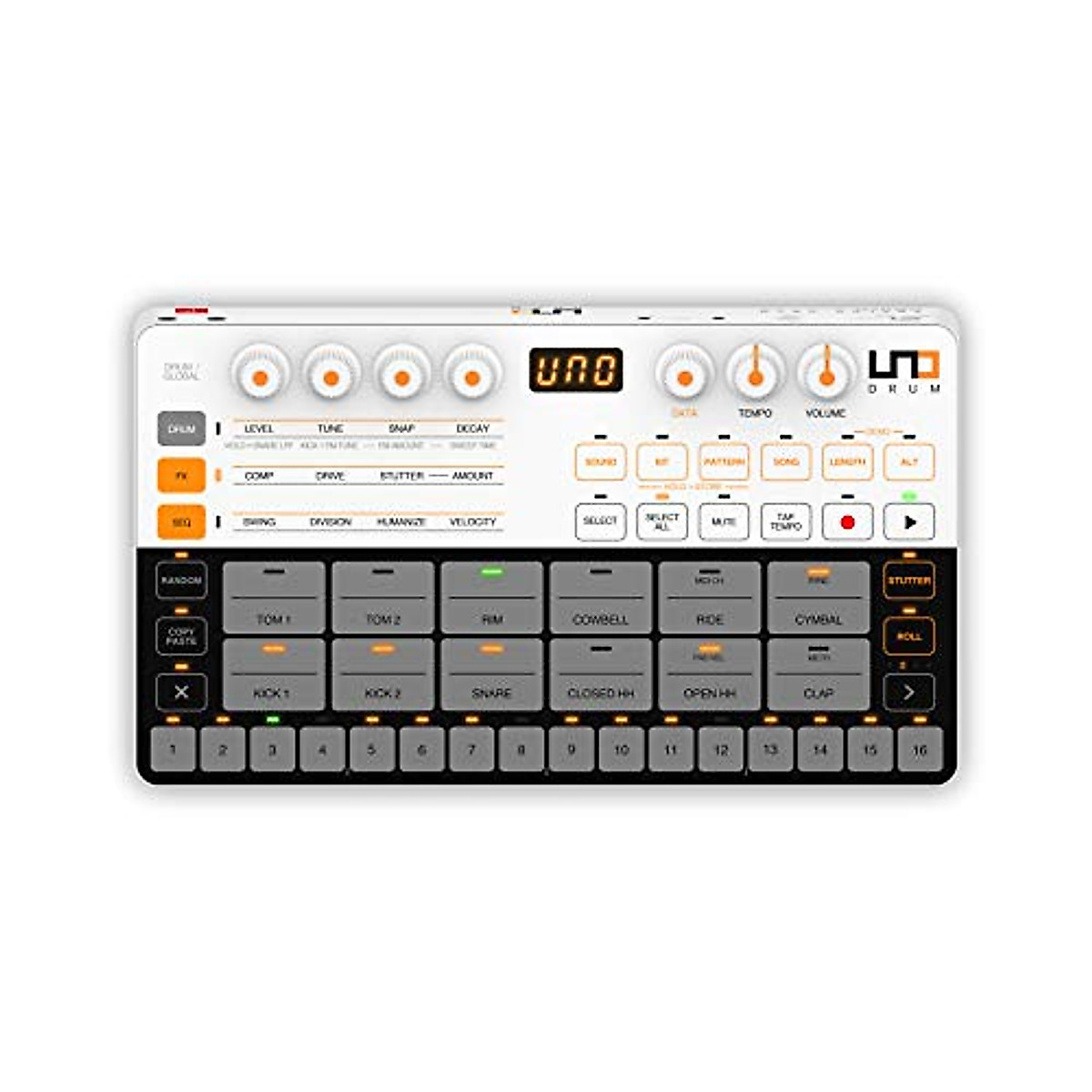 IK Multimedia UNO Drum analog and digital drum machine with 6 analog voices, 64-Step Sequencer, USB and 2.5mm MIDI, 100 pattern presets, battery-powered and portable