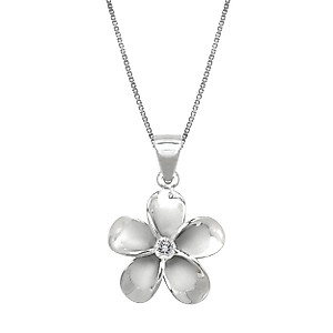 Honolulu Jewelry Company Sterling Silver CZ Plumeria Flower Nature Pendant Necklace with 18" Box Chain