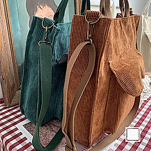 SUNAVY Women Corduroy Tote Bag, Girls Casual Shoulder Handbags Large Capacity with Zipper and Outer Pocket for School Library Travel (Brown)