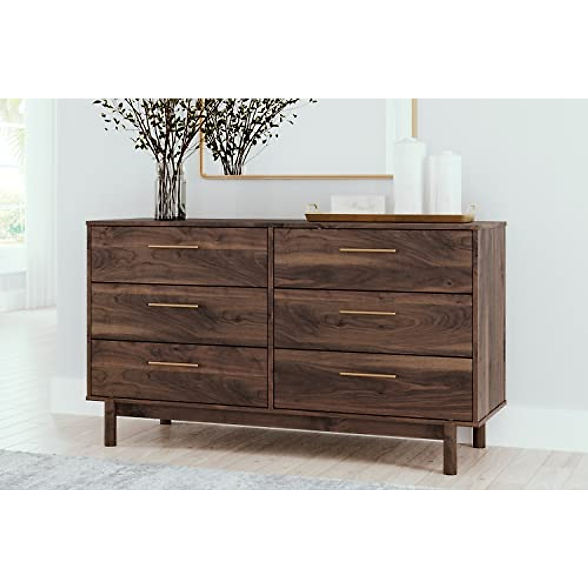 Signature Design by Ashley Calverson Contemporary 6 Drawer Dresser with Burnished Goldtone Pulls, Dark Brown
