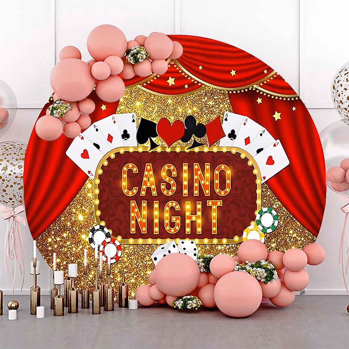 Renaiss 3x3ft Casino Night Round Backdrop Cover Las Vegas Gold Glittering Circle Photography Background Poker Dice Red Curtains Dress-Up Prom Casino Birthday Party Decors Arch Photo Booth Props
