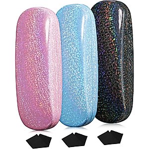 Weewooday 3 Pcs Hard Shell Eyeglasses Cases Glitter Sunglasses Protective Unisex Glasses Case with Cleaning Cloth (Pink, Blue, Black), 6.3 x 2.4 x 1.2 inches/ 16 x 6 x 3 cm
