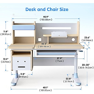 FCD Wood Adjustable Height Kids Study Desk with Chair Drafting Table Computer Station Built-in Bookshelf Hutch Multi Function (Blue, Desk and Chair)