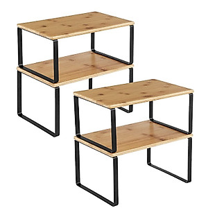 SONGMICS Cabinet Shelf Organizers, Set of 4 Kitchen Counter Shelves, Stackable, Expandable Spice Racks, Metal and Wood, Black and Natural UKCS10NB