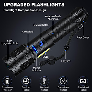 Kmivo Rechargeable LED Flashlights High Lumens 2 Pack, 900000 Lumen Super Bright Flashlight with USB Cable, 7 Modes Powerful Flashlight Waterproof Flash Light for Home Emergencies Camping