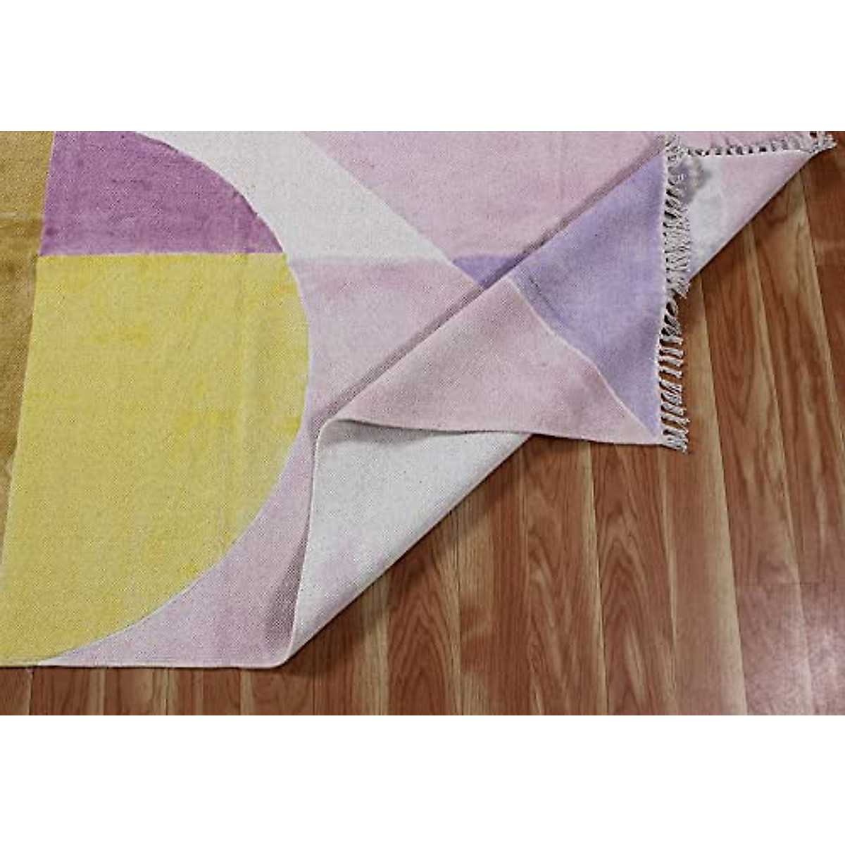 Casavani Hand Block Printed Cotton Dhurrie Geometric Pink & Yellow Tassel Rug Easy Care Washable Rugs for Doormat Entryway Living Room Bedroom Hallway Balcony 7x10 Feet