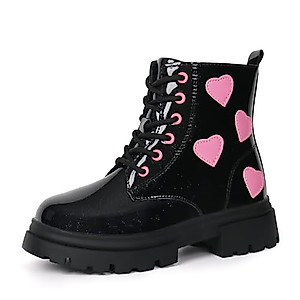 starmerx Girls Ankle Boots Lace Up Combat Boot Side Zipper Comfortable Boys Boots (2,Black Heart)