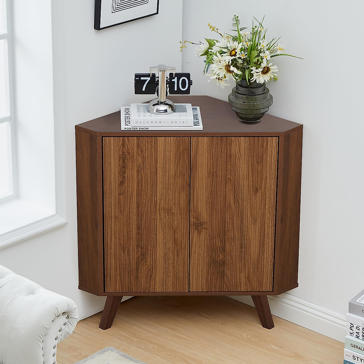 XUZENEST Fluted Floor Corner Cabinet, Small Corner Floor Cabinet with Adjustable Shelve, Freestanding Narrow Cabinet Organizer for Living Room Kitchen Bathroom, Walnut