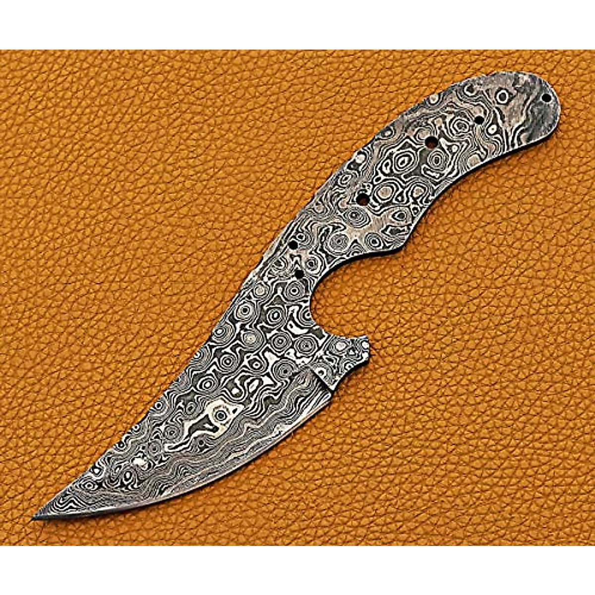 7.5 inches long hand forged rain drop pattern Damascus steel trailing point blank blade skinning knife, 3" long sharp cutting edge, 4" scale space with 6 pins hole
